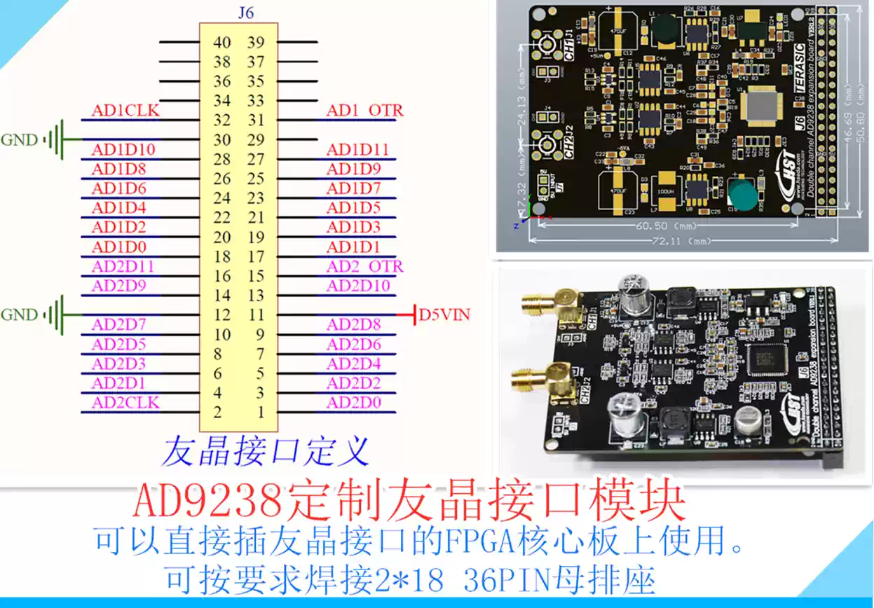 AD9238 AD9226 高速AD 12bit 雙通道高速AD模塊 FPGA控制 開發板