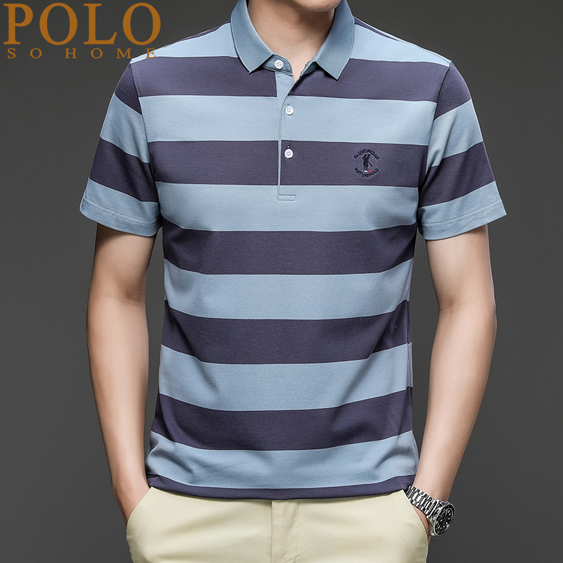 753拉夫·勞倫馬球條紋polo衫男短袖翻領夏季商務大尺碼高檔純棉T恤男刺繡半袖-Taobao