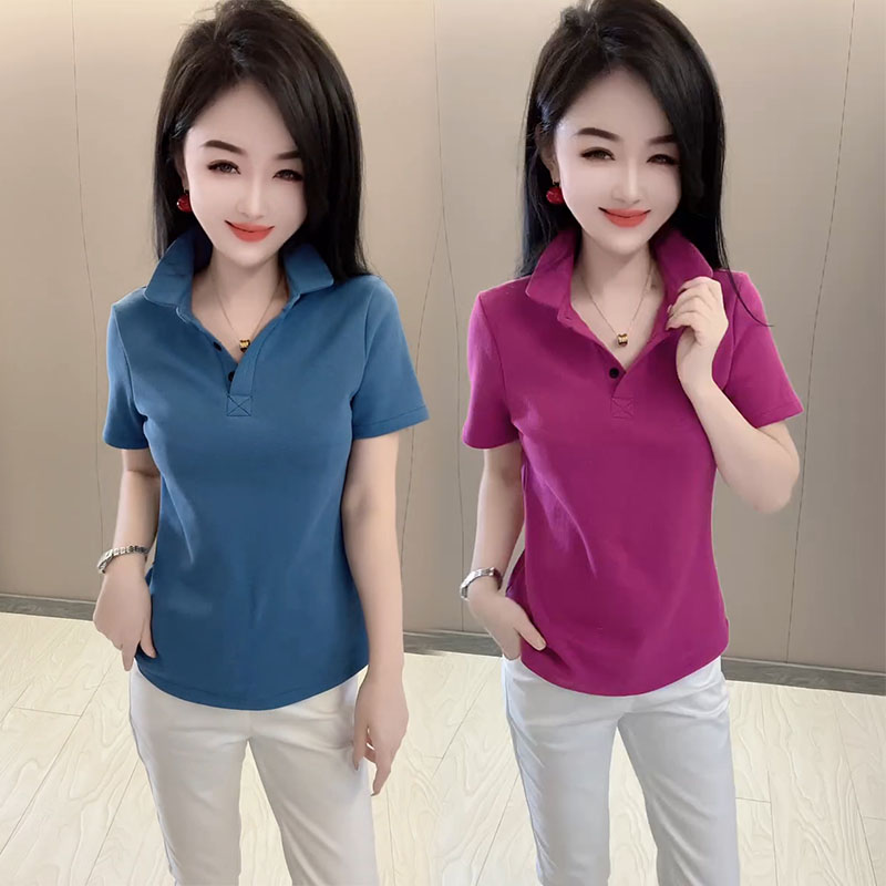 夏季彩色POLO衫女2024新款簡約百搭短袖T恤洋派減齡翻領修身遮肉-Taobao