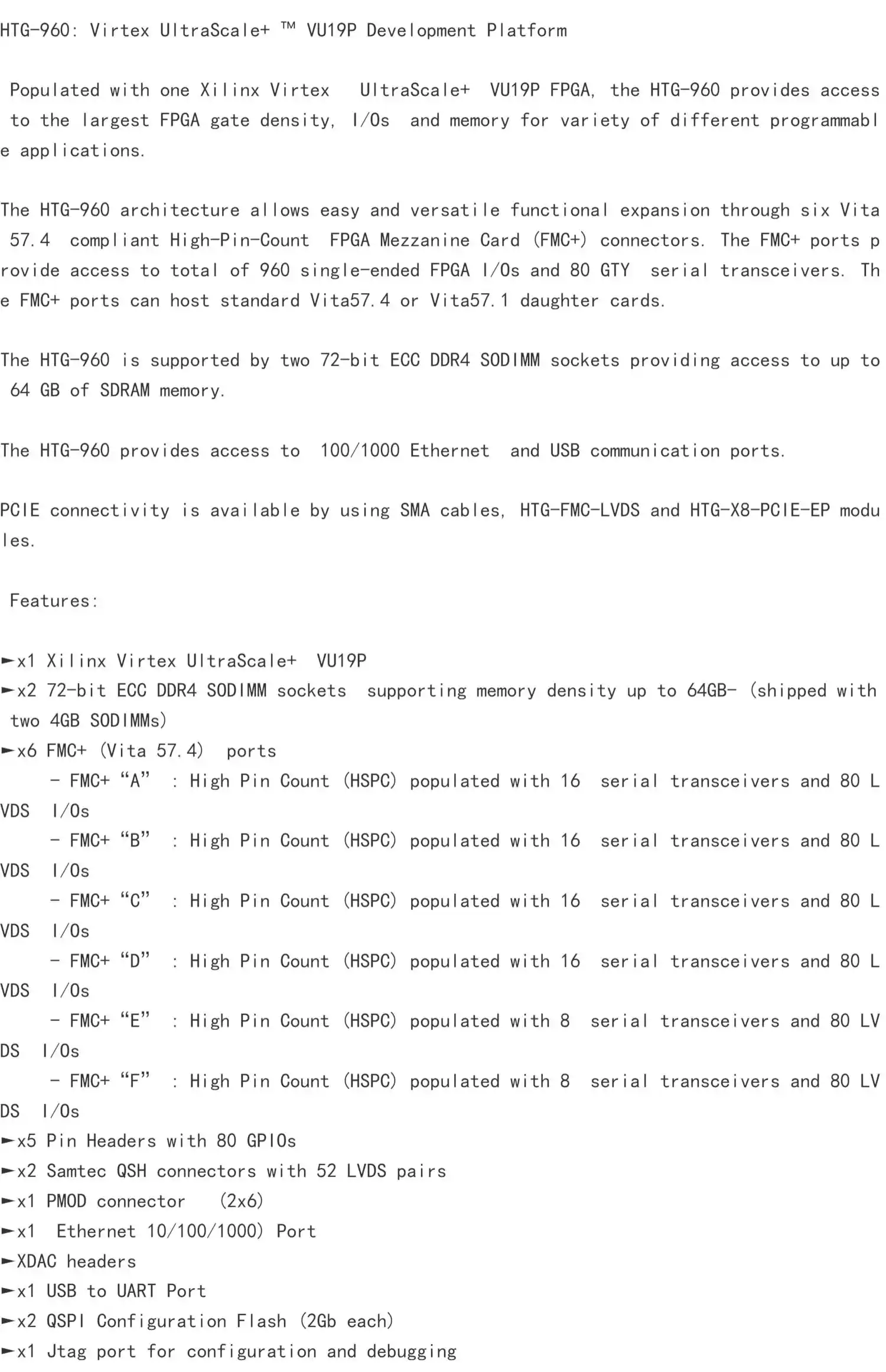赛灵思Virtex UltraScale+开发板 VU19P评估开发平台 HTG-960开发套件