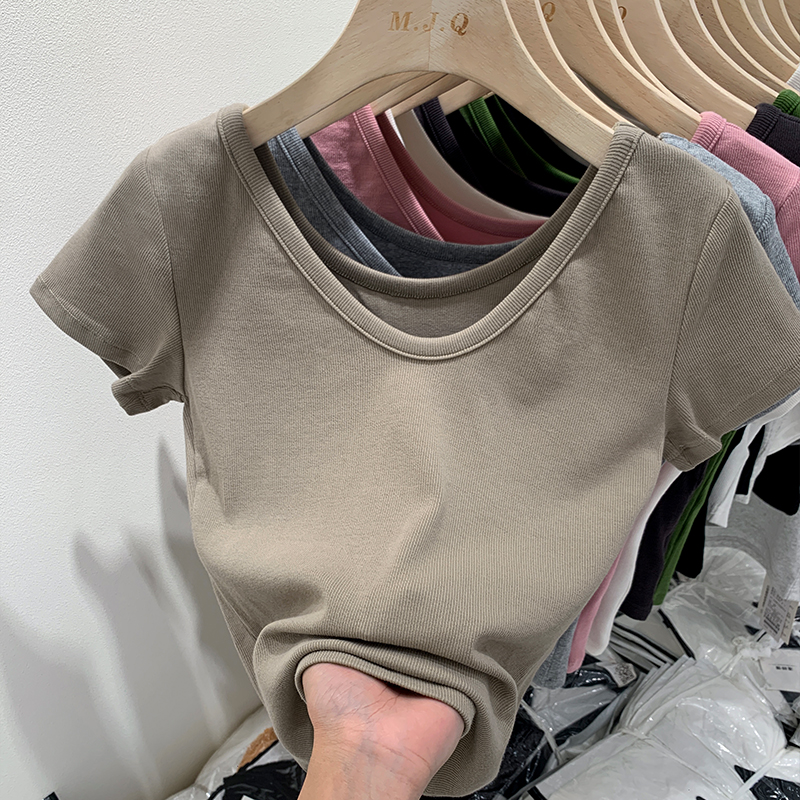 致簡優衣 短袖T恤女夏季新款V領純欲修身chic甜辣短款正肩上衣ins-Taobao