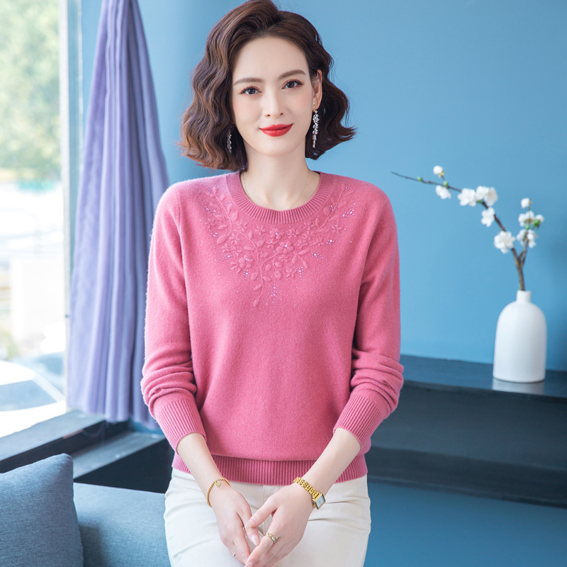 鄂爾多斯市羊絨毛衣女100純羊絨打底衫秋冬新款媽媽裝洋派羊毛衫-Taobao