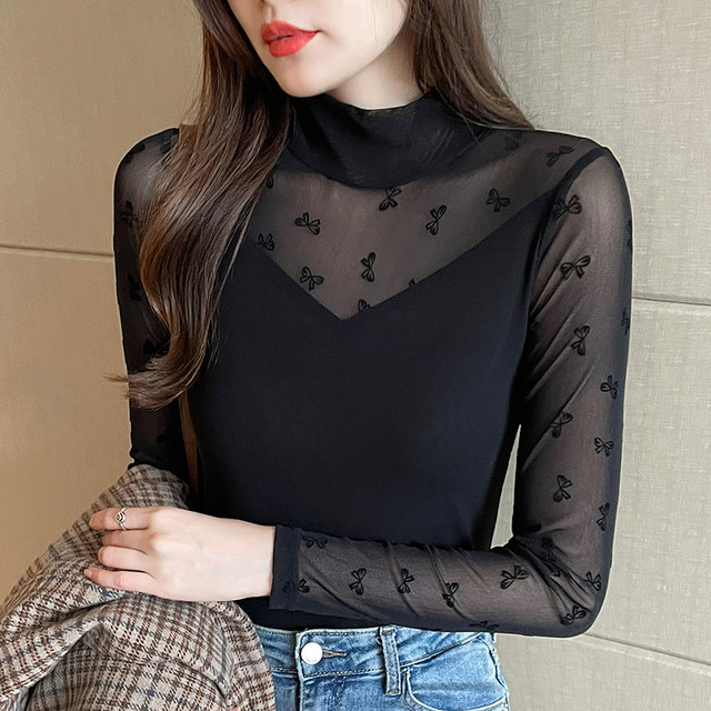 New autumn clothing half-high neck flocking bow with temperament slim ...