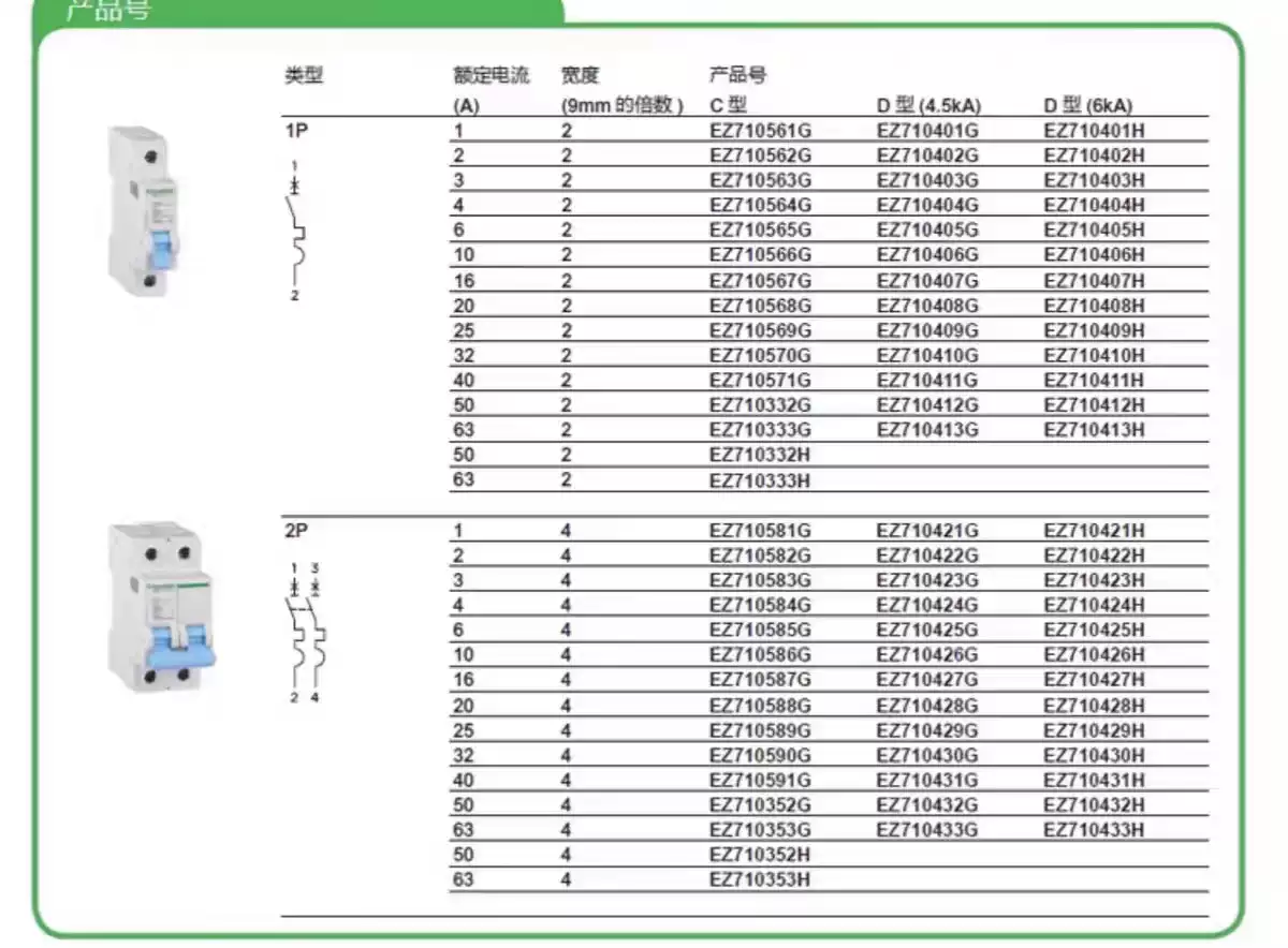 施耐德EZ7断路器C型空气开关1P/1P+N/2P/3P/4P Easy7+系列