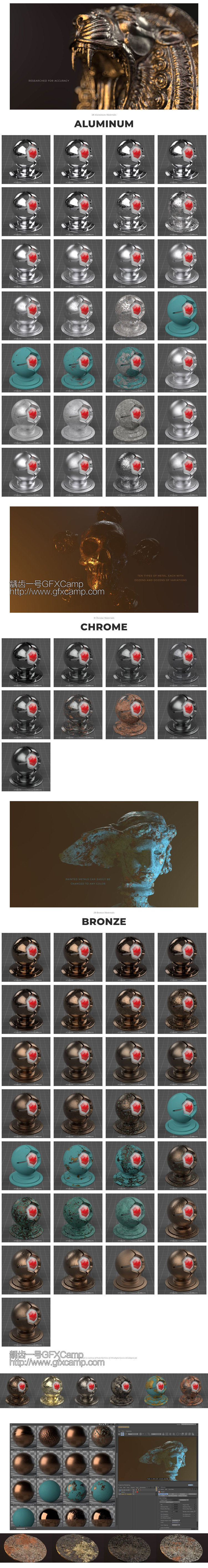 260组C4D Redshift 4K材质预设 钢铁金属黄铜金银铝铂铬材质球 | 龋齿一号GFXCamp