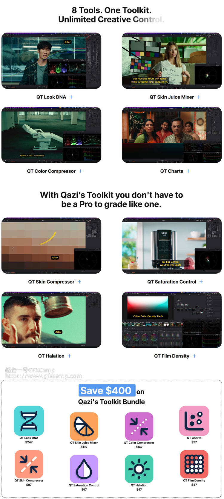 达芬奇电影人物肤色饱和度光晕曲线快速视频调色DCTL预设 8套 Qazi’s Toolkit + 中文字幕教程 – 龋齿一号GFXCamp