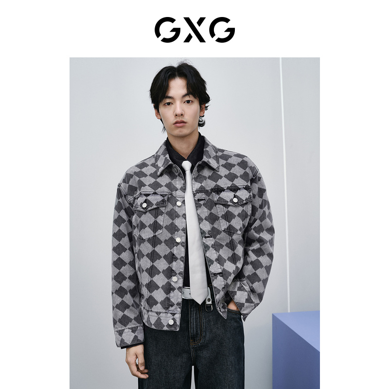 GXG男装 黑灰格纹牛仔夹克男宽松水洗牛仔外套潮流上衣 24春新品-Taobao