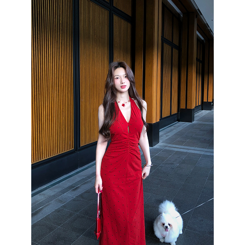 12YE 紅色掛頸洋裝女夏季新款V領長裙露背波點修身收腰顯瘦裙子-Taobao