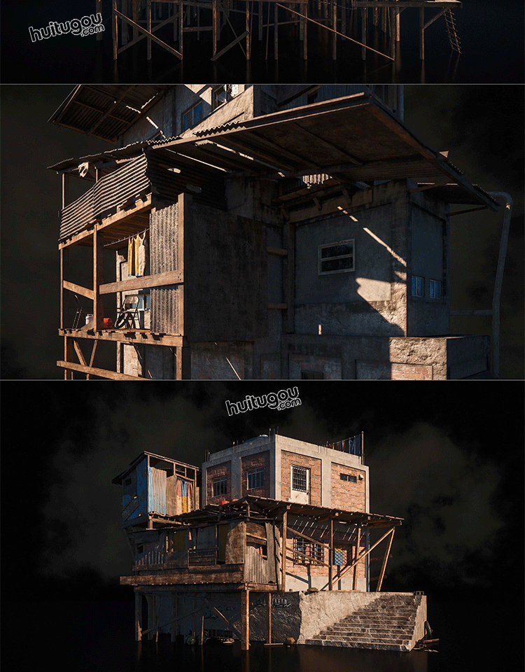 破旧街区C4D平民窟建筑模块棚户区3D模型素材Kitbash3D-Favelas - KitBash3D模型 - 绘图狗-设计灵感素材集散地