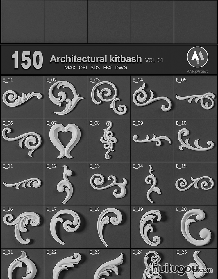 150款 石膏雕花Blend欧式雕刻模型C4D OBJ MAX格式 Zbrush 3D素材 - 雕塑文物 - 绘图狗-设计灵感素材集散地