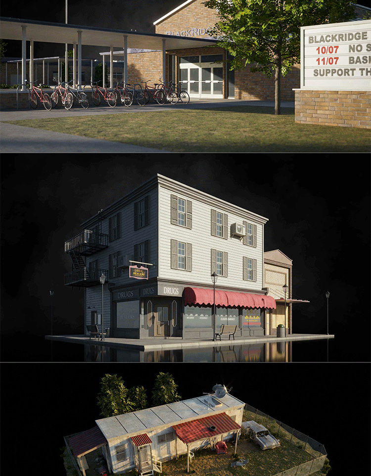 PBR美国城市郊区楼房住宅楼房公共建筑3D模型Kitbash3d-Americana - KitBash3D模型 - 绘图狗-设计灵感素材集散地