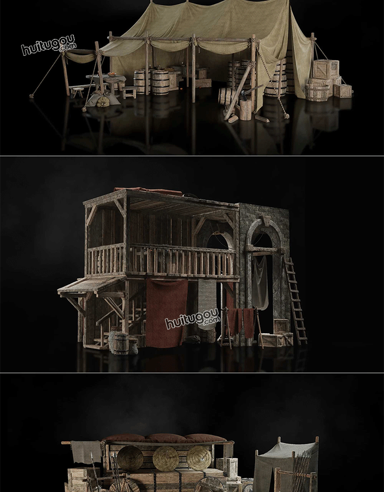 古代摊位中世纪街道市场3D模型KitBash3D Props Medieval Market - KitBash3D模型 - 绘图狗-设计灵感素材集散地