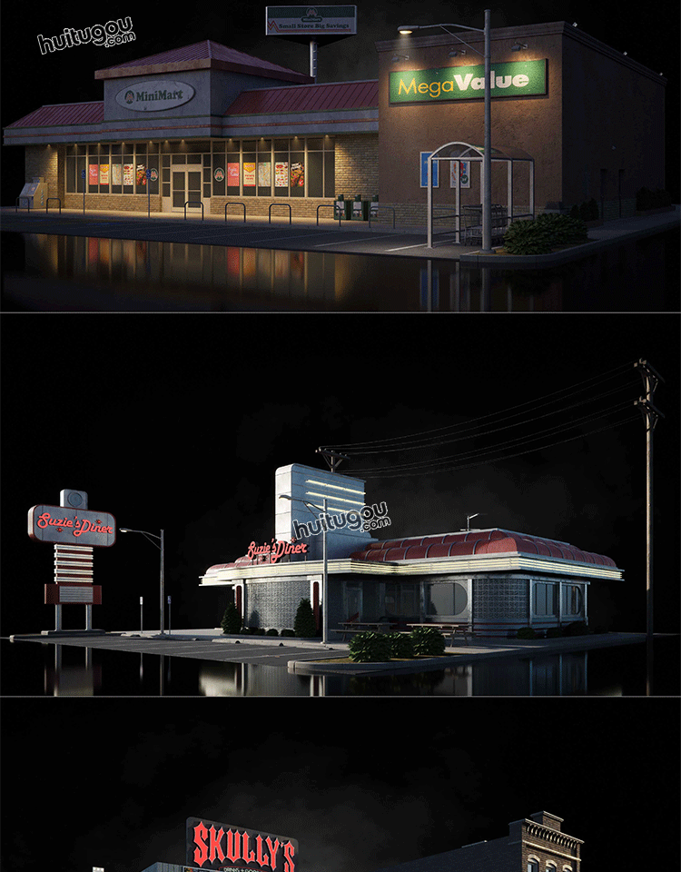 PBR美国城市郊区楼房住宅楼房公共建筑3D模型Kitbash3d-Americana - KitBash3D模型 - 绘图狗-设计灵感素材集散地