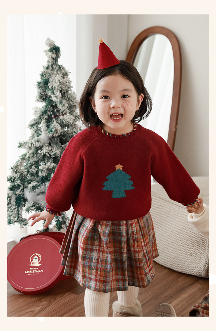 吾里卜一女童圣诞套装甜美可爱加绒百褶裙冬季芝麻点提花马甲毛衣-阿里巴巴