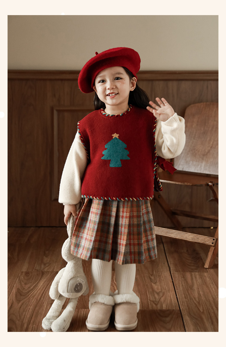 吾里卜一女童圣诞套装甜美可爱加绒百褶裙冬季芝麻点提花马甲毛衣-阿里巴巴