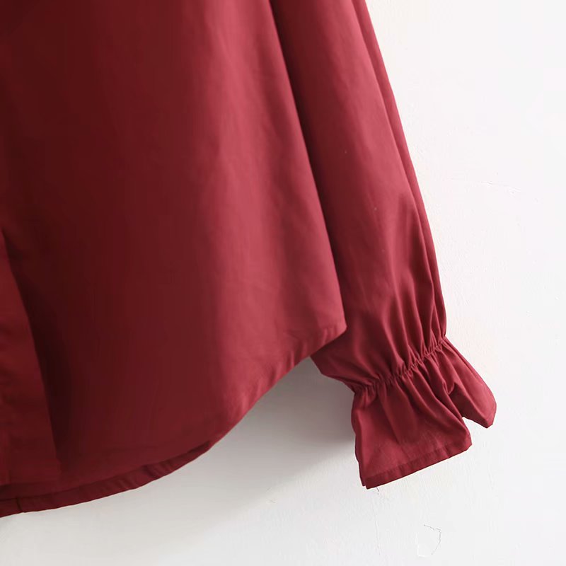 复古娃娃领酒红衬衫女春季韩版可爱套头衬衣百搭长袖上衣1441-阿里巴巴