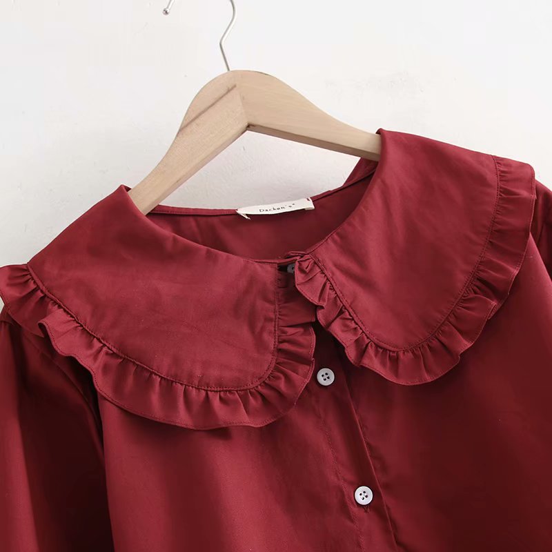 复古娃娃领酒红衬衫女春季韩版可爱套头衬衣百搭长袖上衣1441-阿里巴巴