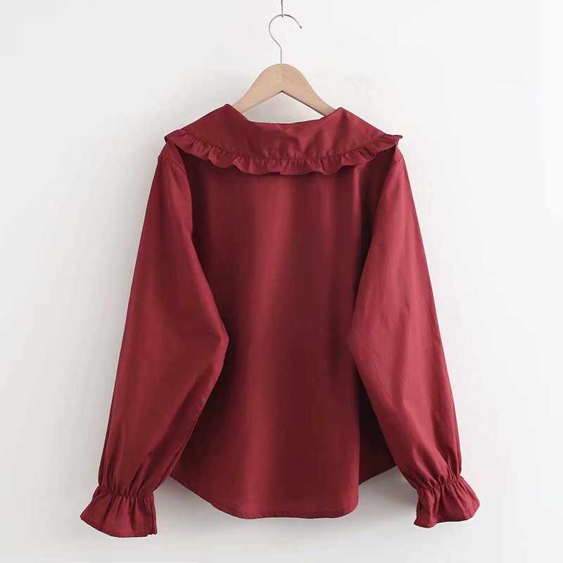 复古娃娃领酒红衬衫女春季韩版可爱套头衬衣百搭长袖上衣1441-阿里巴巴