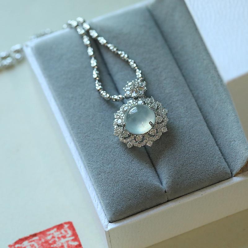 【冬岭】缅甸A货翡翠高冰种起钢感强光欧式复古925银豪镶项链坠子-Taobao