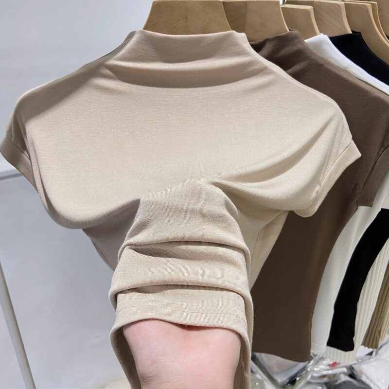 DGVV纯棉半高领打底衫女内搭夏秋纯棉t恤修身小衫气质包肩袖上衣