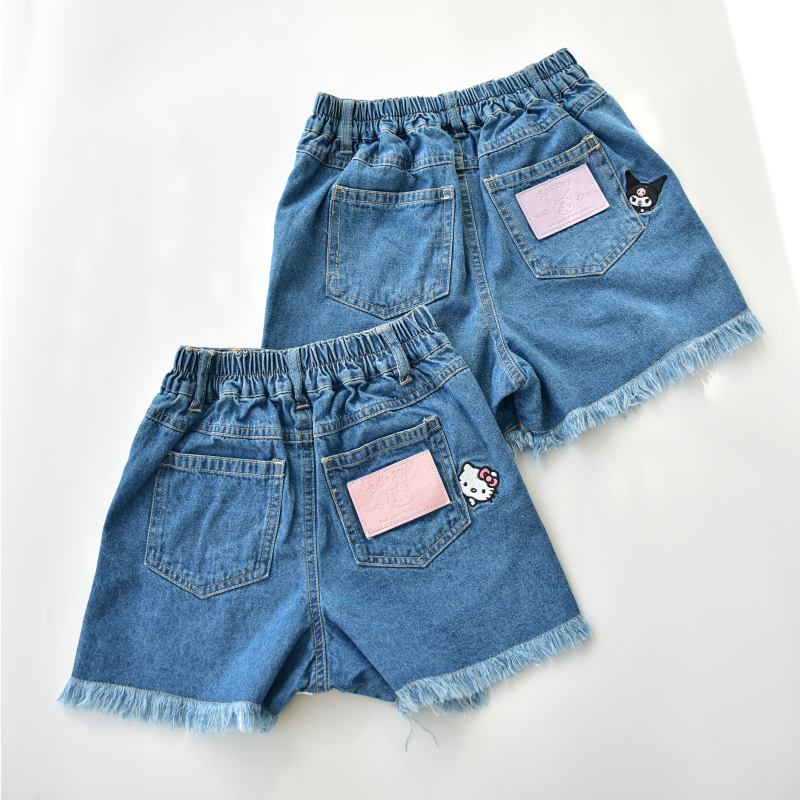 110-150 Kitty庫洛米刺繡 牛仔破洞短褲 日單女童夏鬆緊腰熱褲-Taobao