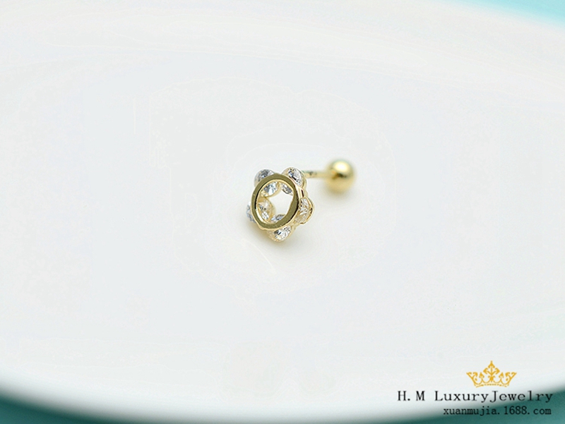 日韩系10K14K黄金饰品镶钻皇冠五瓣花圆圈螺丝款耳骨钉KLS1318-阿里巴巴