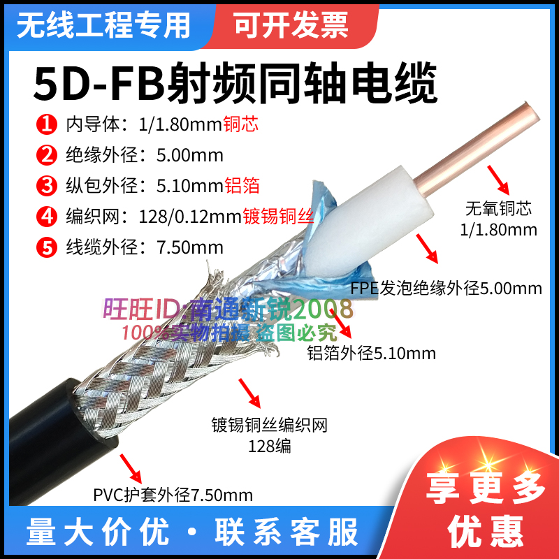 5D-FB/CQR300纯铜射频同轴电缆天线延长转接馈线50欧姆SYWV50-5-Taobao