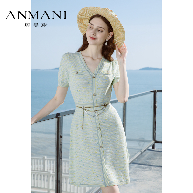 ANMANI恩曼琳23夏季法式優雅小香風針織鉤花連身裙贈腰帶EANDBA21-Taobao