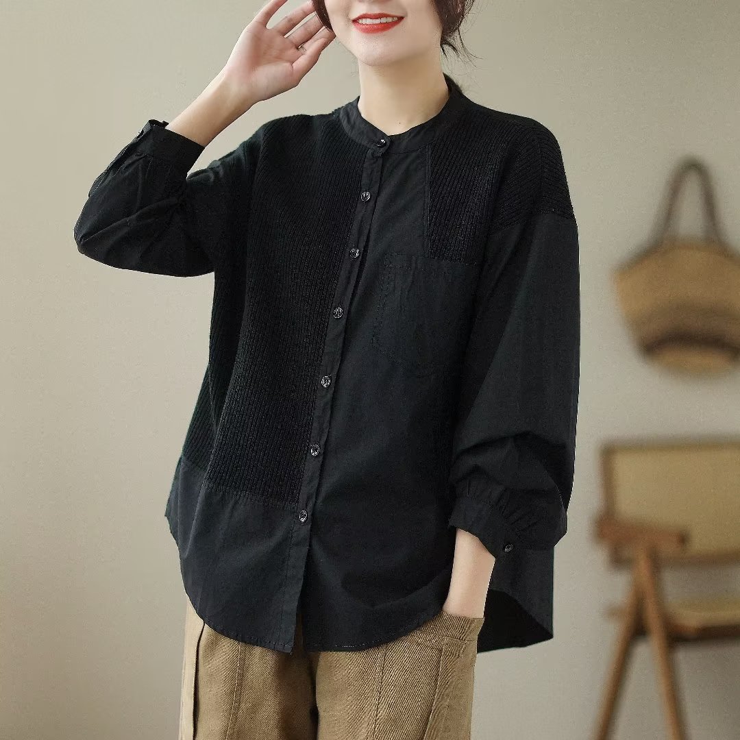 春季新款 针织拼接休闲衬衫女圆领长袖排扣开衫衬衣秋-阿里巴巴