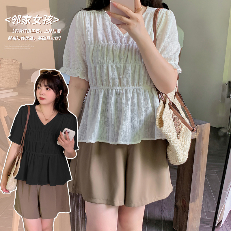 2023年夏季新款大码女装200斤胖mm雪纺泡泡袖V领显瘦短袖衬衫上衣-Taobao Singapore