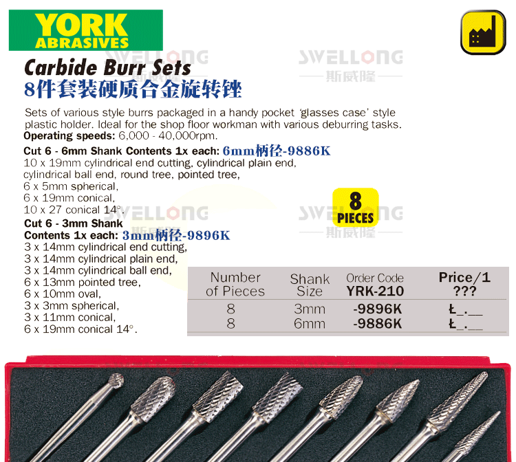 YORK/KENNEDY硬質合金旋轉銼YRK-210-9896K/9886/9940/9920/9880