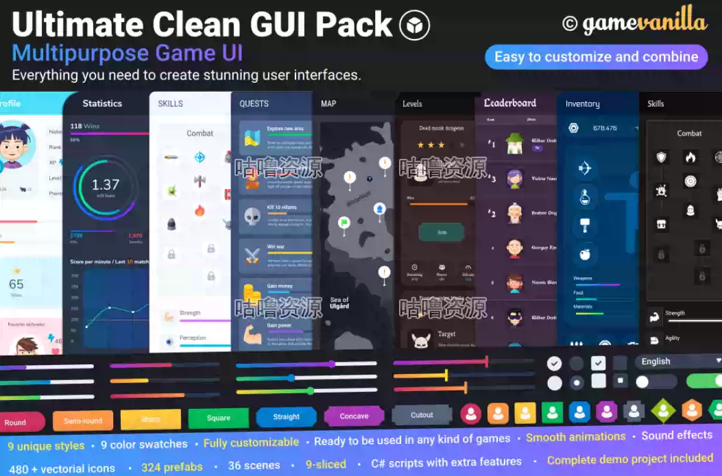 Unity3D Ultimate Clean GUI Pack 2.0.3 終極簡潔現代風格UI界面