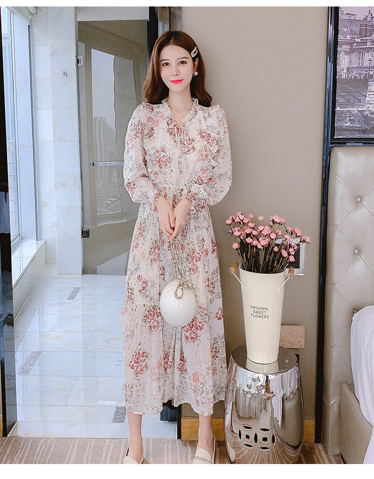 Jual Musim semi warna terang gaun cetak retro manis daun teratai kerah ...