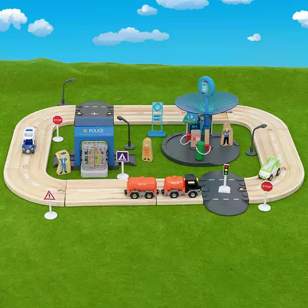 Kereta api kayu trek elektrik mainan kereta kecil set anak lelaki ...