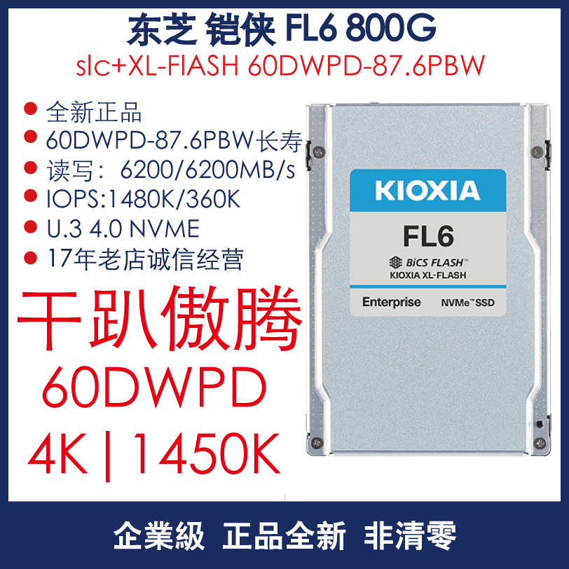 Kioxia铠侠FL6固态硬碟PCIe NVMe U.3介面企业级高耐久800G 1.6T