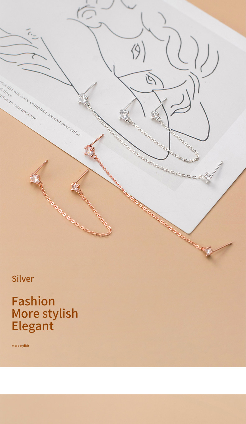 S925银韩版气质双耳洞镶钻耳环女甜美链条少女耳饰品G7100-阿里巴巴