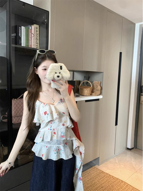 Holiday style irregular ruffled floral suspender vest for women in ...