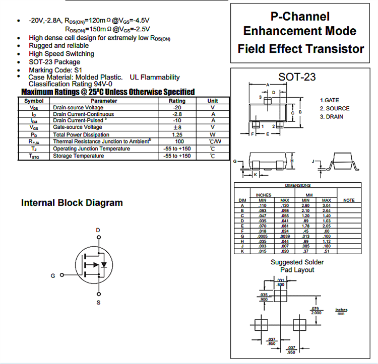 P-type MOS SI2301 A1SHB(10 pieces) field effect transistor 2301 patch SOT-23 Brand New