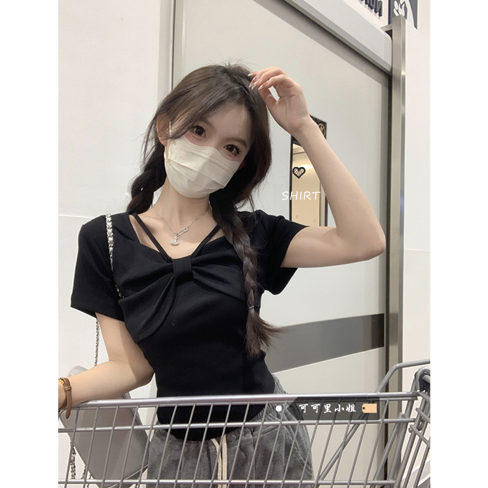别致方领短袖T恤女秋季韩版2024新款蝴蝶结设计感修身显瘦上衣ins-Taobao Vietnam