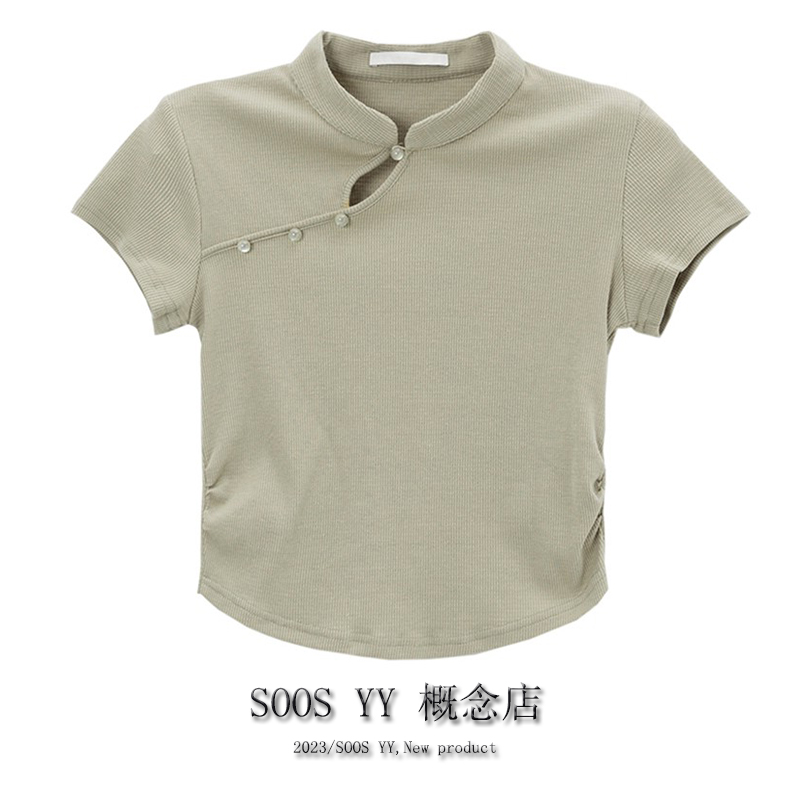 SOOS YY 新中式国风盘扣短袖女夏季2023新款修身显瘦短款气质上衣-Taobao