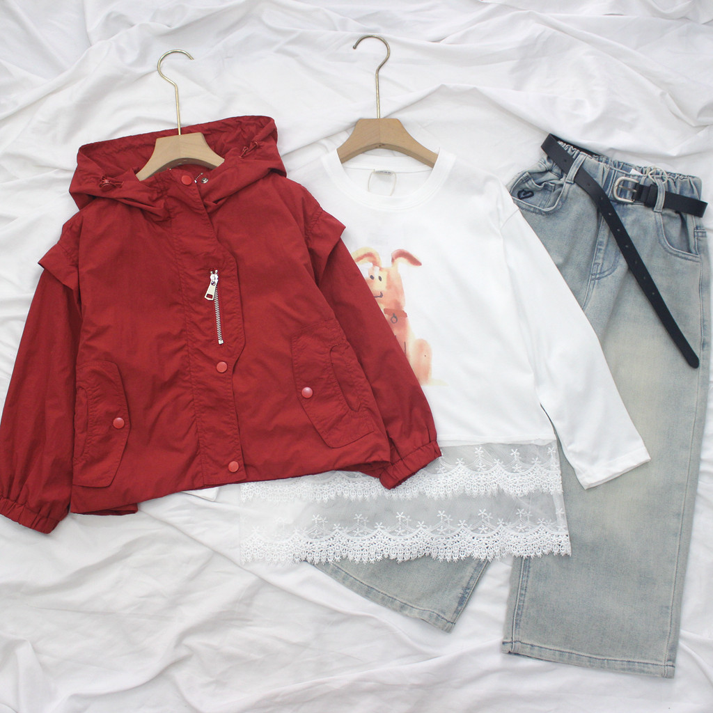 米M家女童外套2025秋新款女童休閒夾克衝鋒衣137003卡通T恤牛仔褲