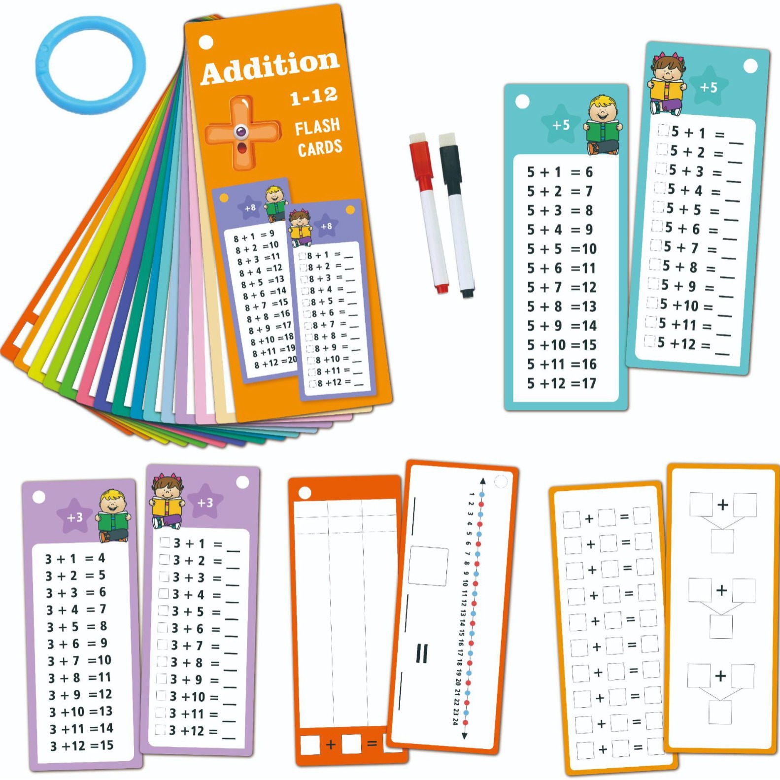 15 erasable flash cards for mathematical addition, multiplication and ...