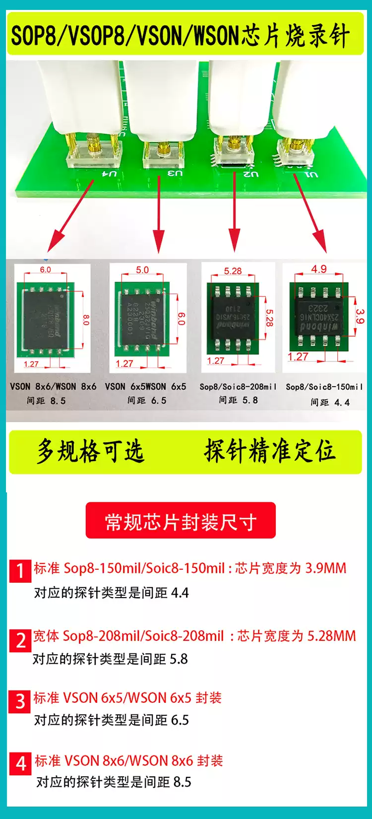 sop8/wson芯片下載燒錄燒寫探針彈簧針 flash eeprom芯片燒錄器線