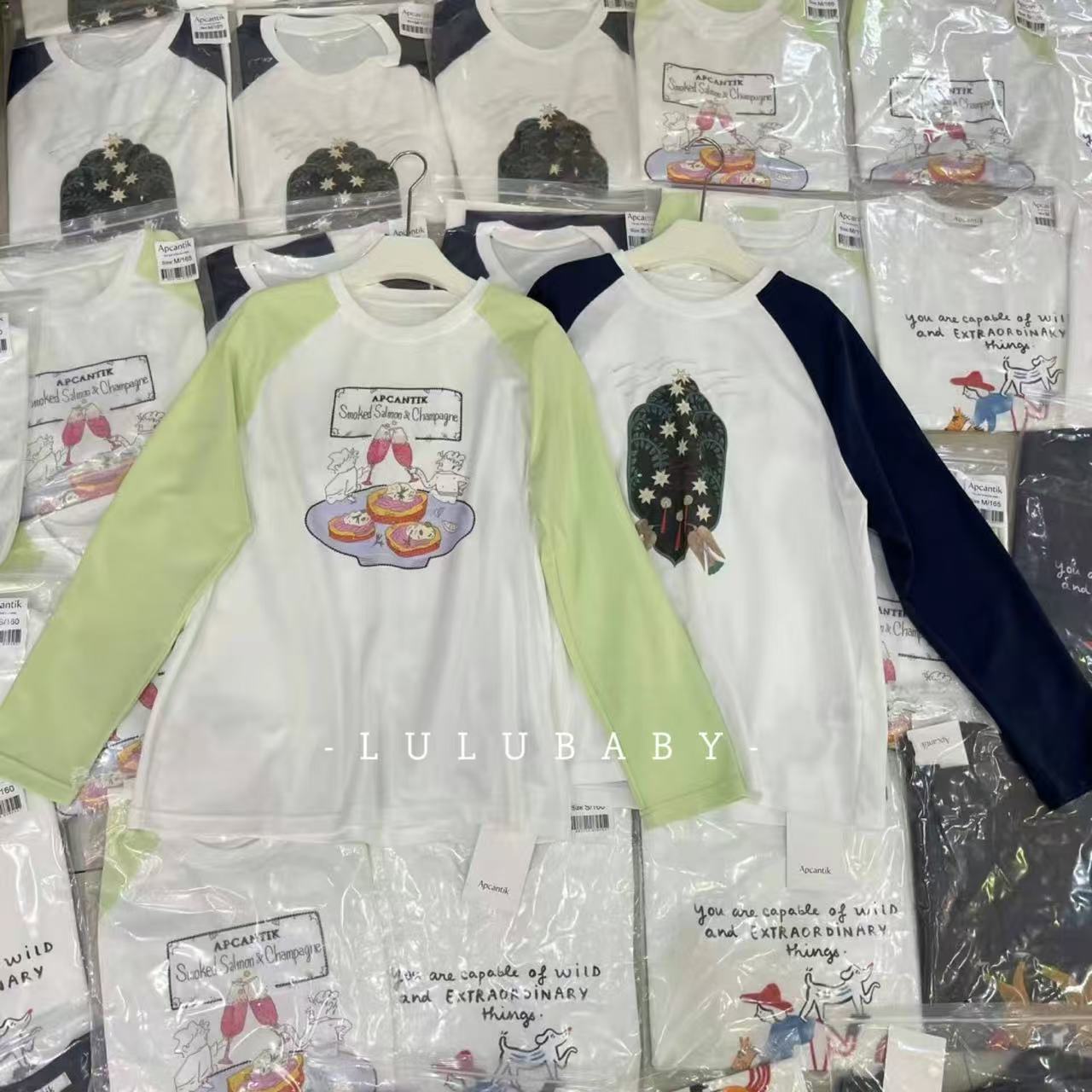 韓國代購Apcantik撞色插肩袖韓系印花ins長袖T恤女2025春季新款-Taobao