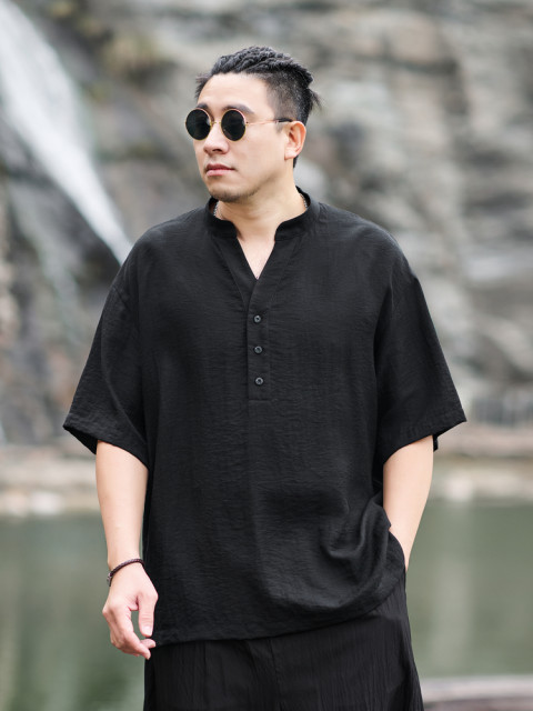 Half ink new Chinese V-neck short-sleeved shirt for men in summer linen ...