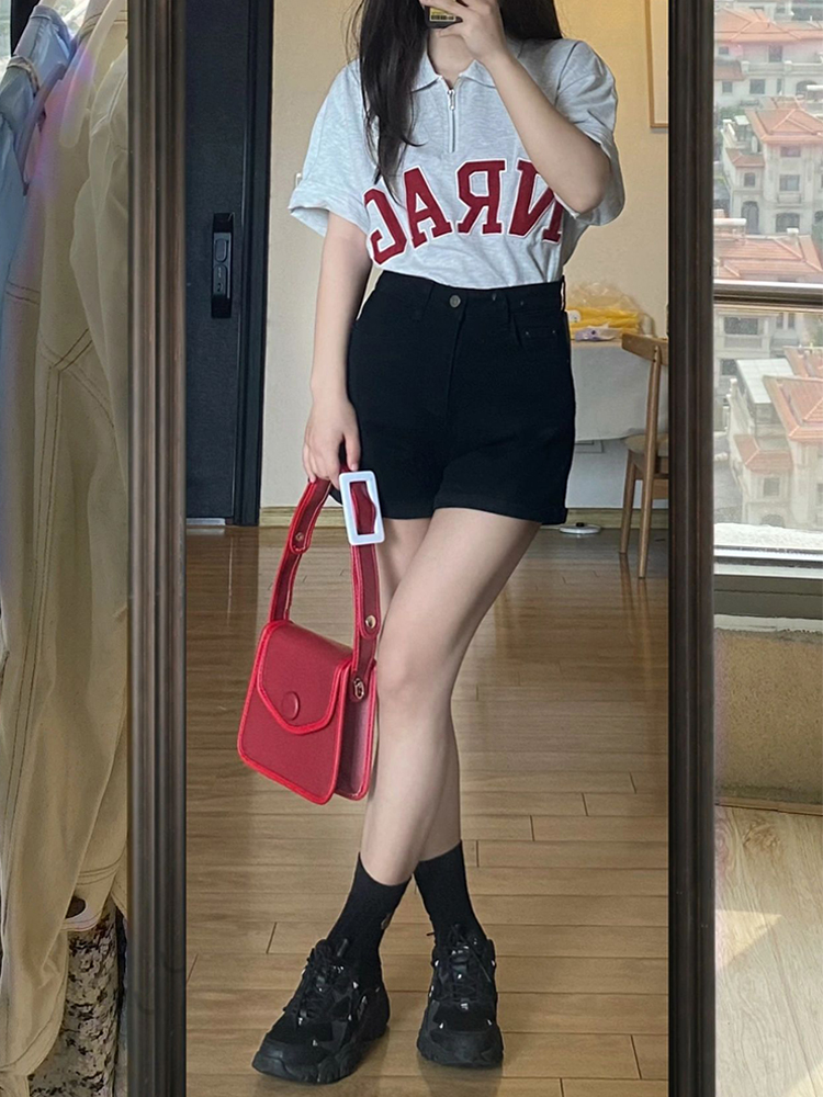 黑色牛仔短褲女夏薄款胖mm高腰彈力遮胯顯瘦a字熱褲適合胯大腿粗|大尺碼褲裝|ETMall東森購物網