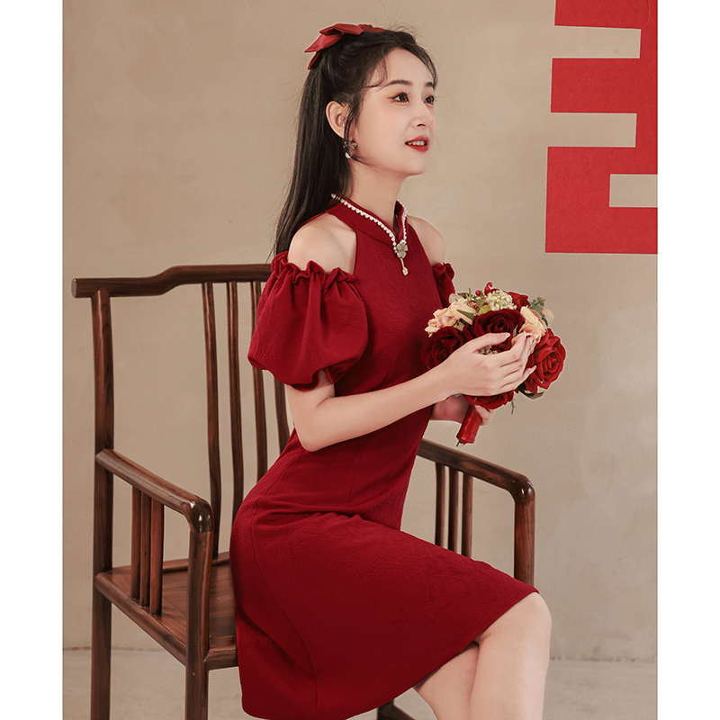 红色改良旗袍女年轻少女短款新中式订婚连衣裙2023新款日常小个子-Taobao