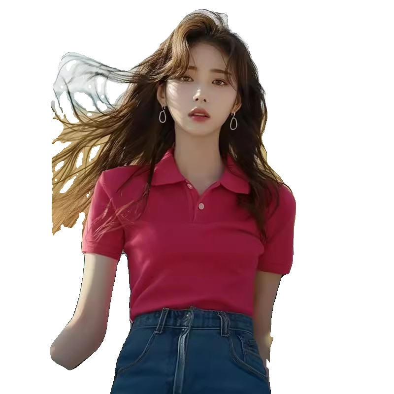 獨特絕美樹莓粉polo衫正肩短袖t恤女夏季新款別致減齡修身短上衣-Taobao