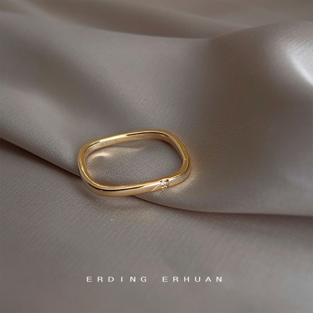 高級感輕奢風微鑲鋯石方形幾何電鍍14K真金戒指簡約食指戒指環女-Taobao