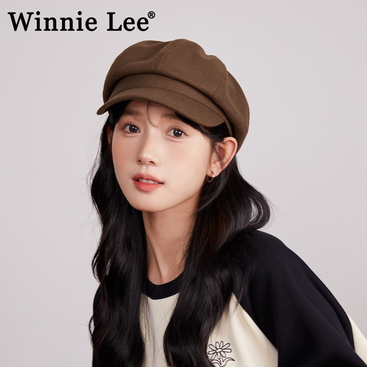 Winnie Lee日本设计师联名款纯色毛呢八角帽子女短檐贝雷帽咖啡色-Taobao